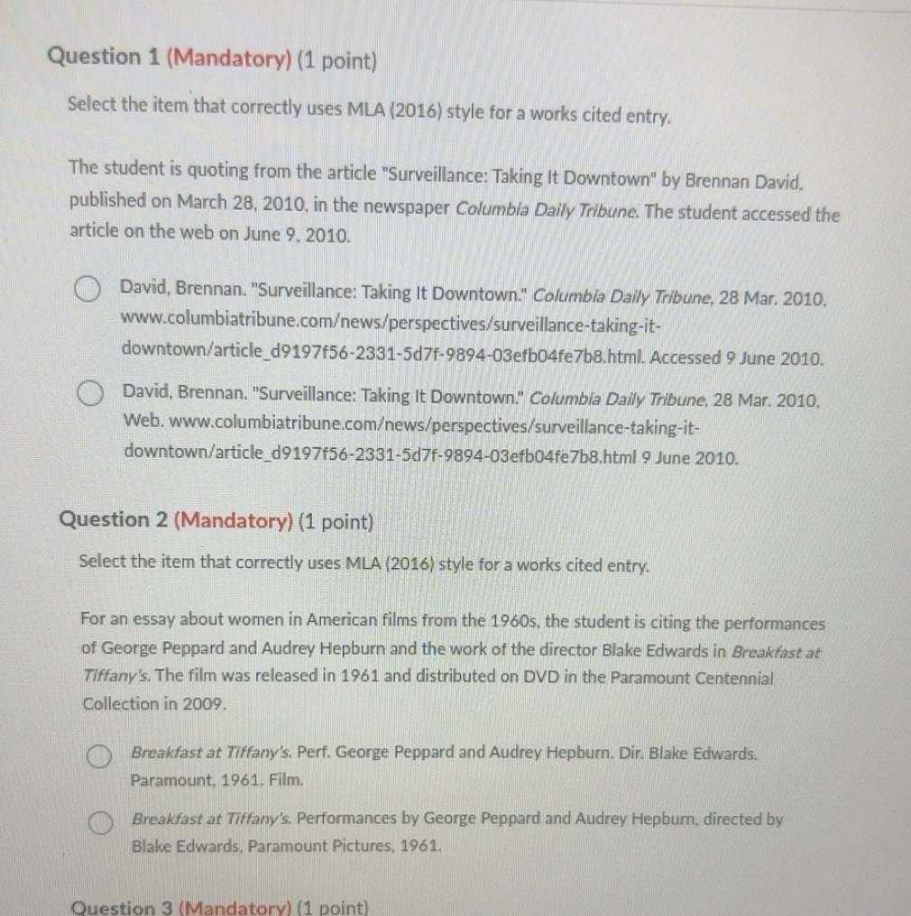 Solved: (Mandatory) (1 point) Select the item that correctly uses MLA ...