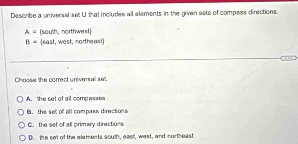 Solved: Describe a universal set U that includes all elements in the ... Solved: Describe a universal set U that includes all elements in the ...