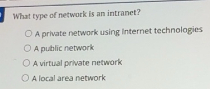 Solved: What type of network is an intranet? A private network using ...