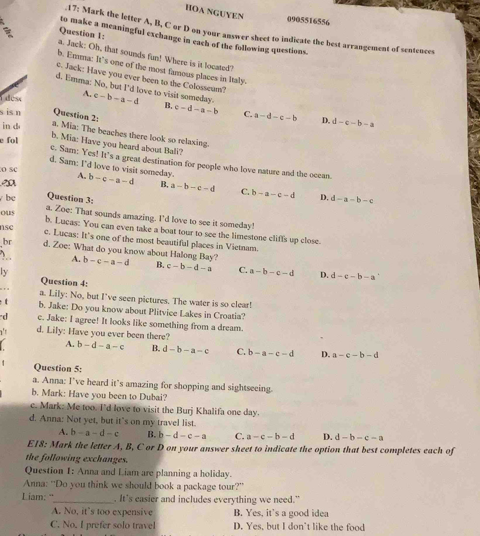 Giải quyết:HOA NGUYEN 0905516556 : Question 1; .17: Mark the letter A ...