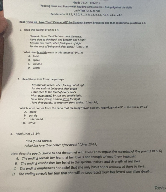 Solved: Grade 7 ELA- CRM 2.1 Reading Prose and Poetry with Reading ...