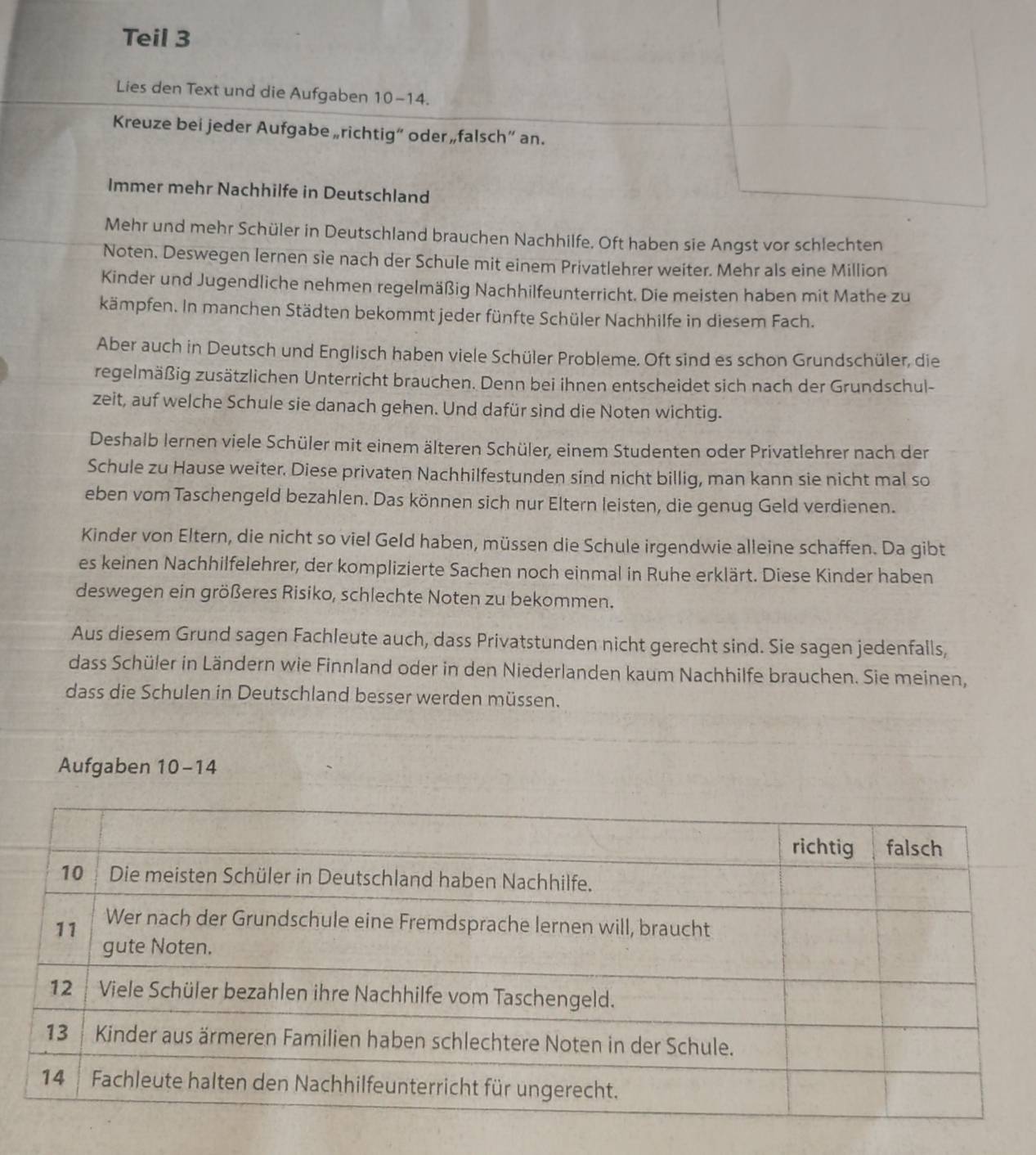 Gelöst:Teil 3 Lies den Text und die Aufgaben 10-14. Kreuze bei jeder ...