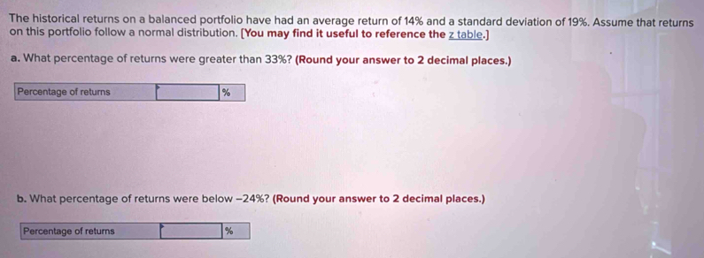Solved: The historical returns on a balanced portfolio have had an ...
