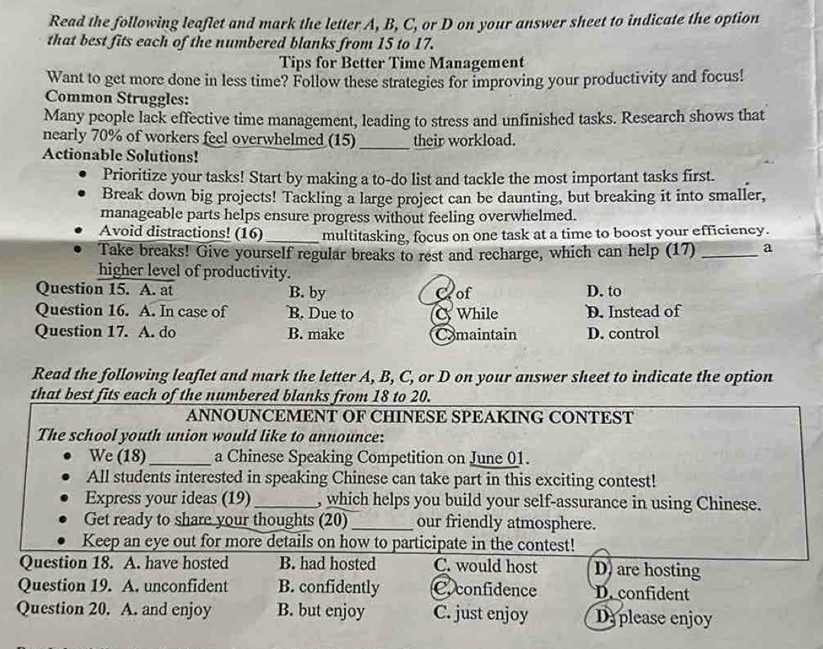 Giải quyết:Read the following leaflet and mark the letter A, B, C, or D ...