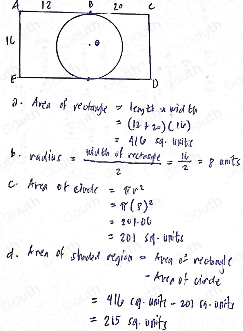 Solved: Circle O is situated in rectangle ACDE as a. Find the area of ...