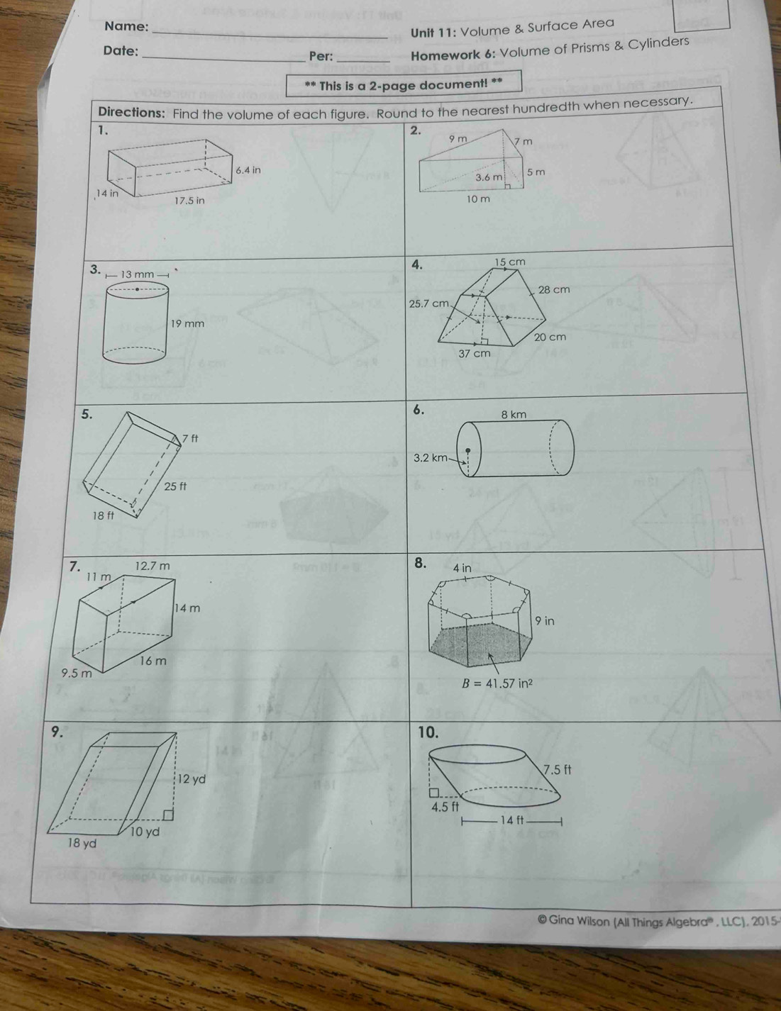 Solved: Name:_ Unit 11: Volume & Surface Area Date:_ Per:_ Homework 6 ...