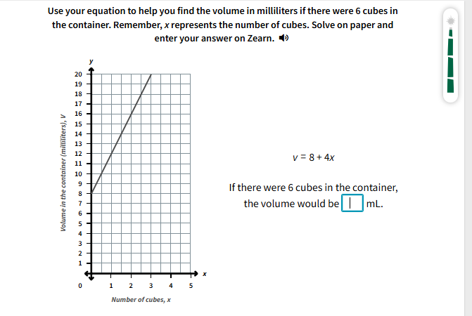 Solved: Use your equation to help you find the volume in milliliters if ...