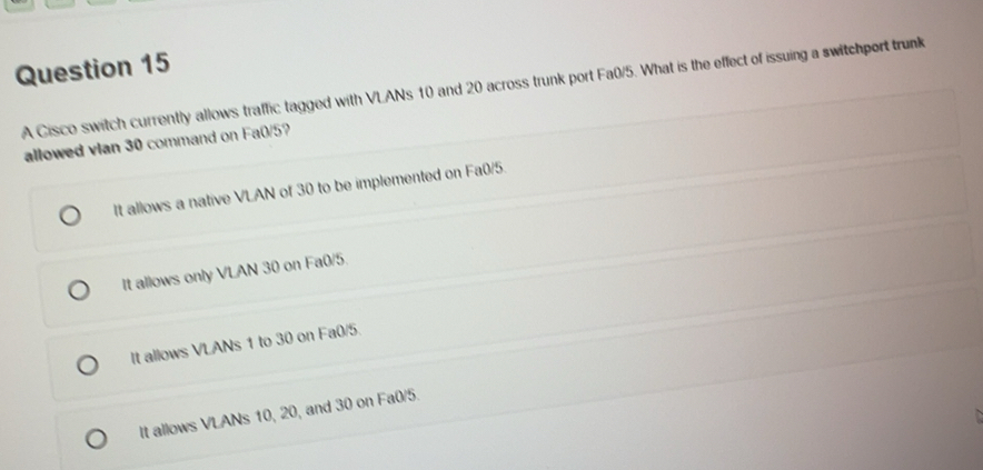 Solved: A Cisco switch currently allows traffic tagged with VLANs 10 ...