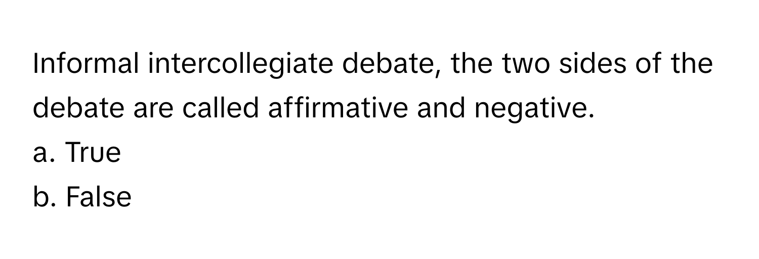 Solved: Informal intercollegiate debate, the two sides of the debate ...