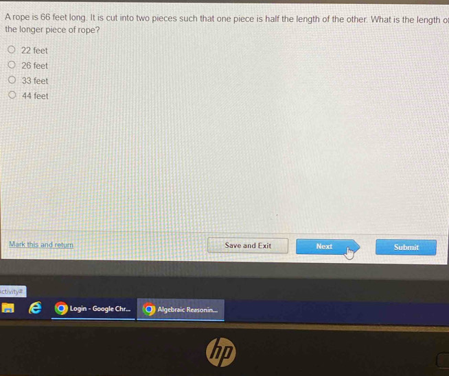 Solved: A rope is 66 feet long. It is cut into two pieces such that one ...