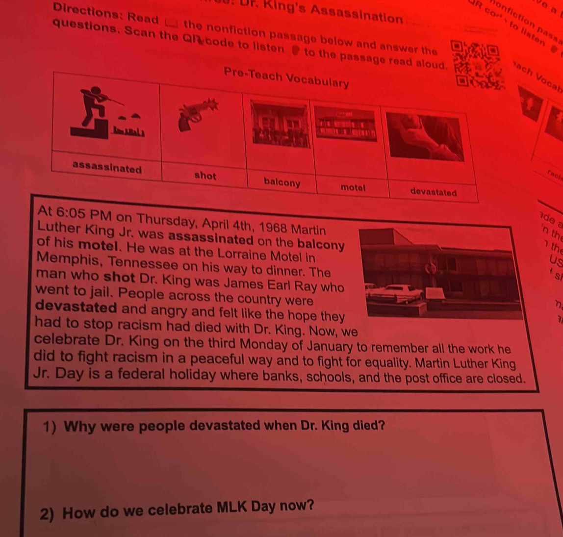 Solved: ve a . Dr. King's Assassination ponfiction pass R cod to listen Directions: Read __ th ...