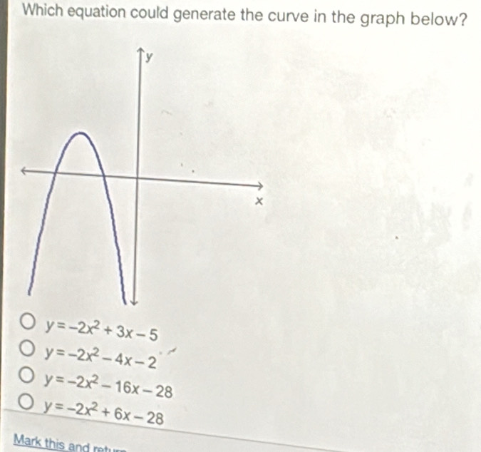 Solved: Which equation could generate the curve in the graph below? y=-2x^2+3x-5 y=-2x^2-4x-2 y ...