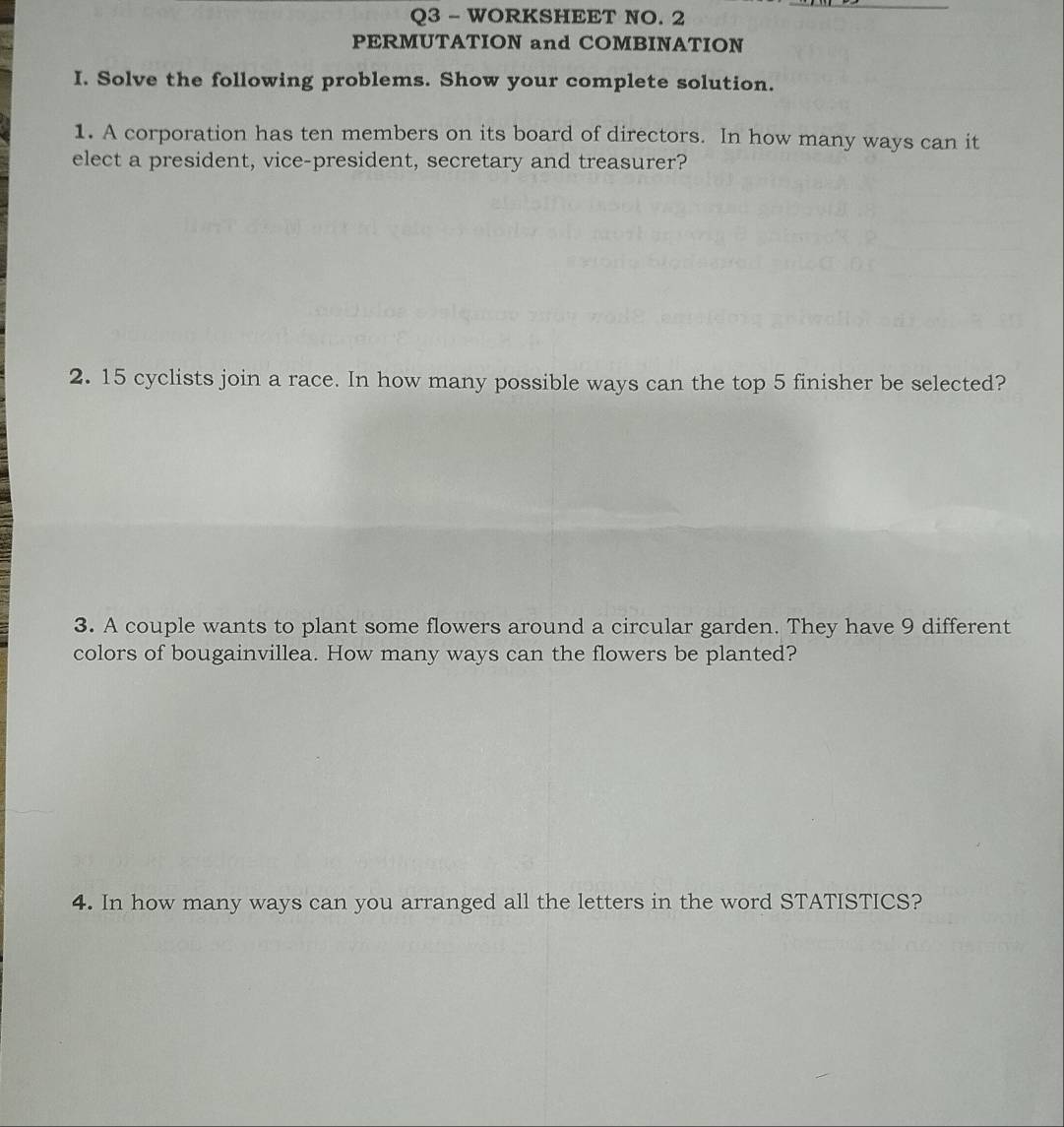Solved: WORKSHEET NO. 2 _ PERMUTATION and COMBINATION I. Solve the ...