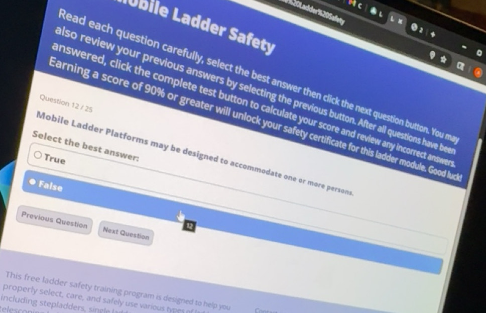 Solved: Ms 6%20Ladder%20Safety ead each question carefully, select the ...