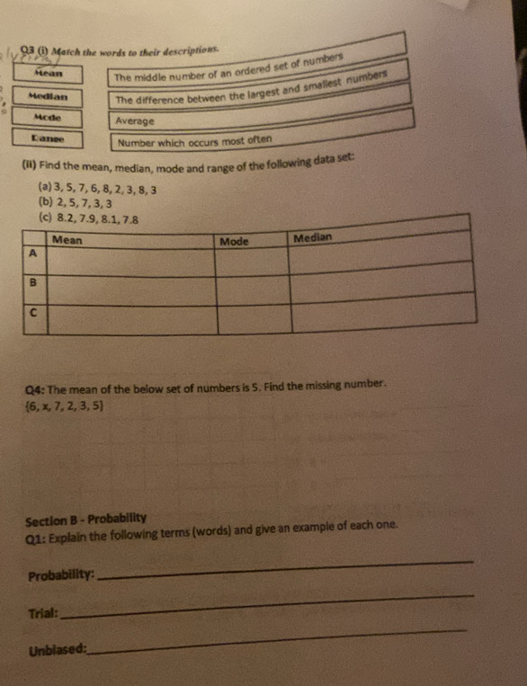 Risolto:Match the words to their descriptions. Mean The middle number ...