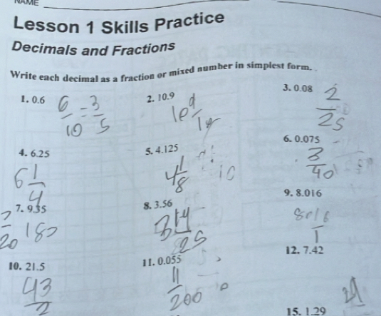 Solved: RAME_ Lesson 1 Skills Practice _ Decimals and Fractions Write ...