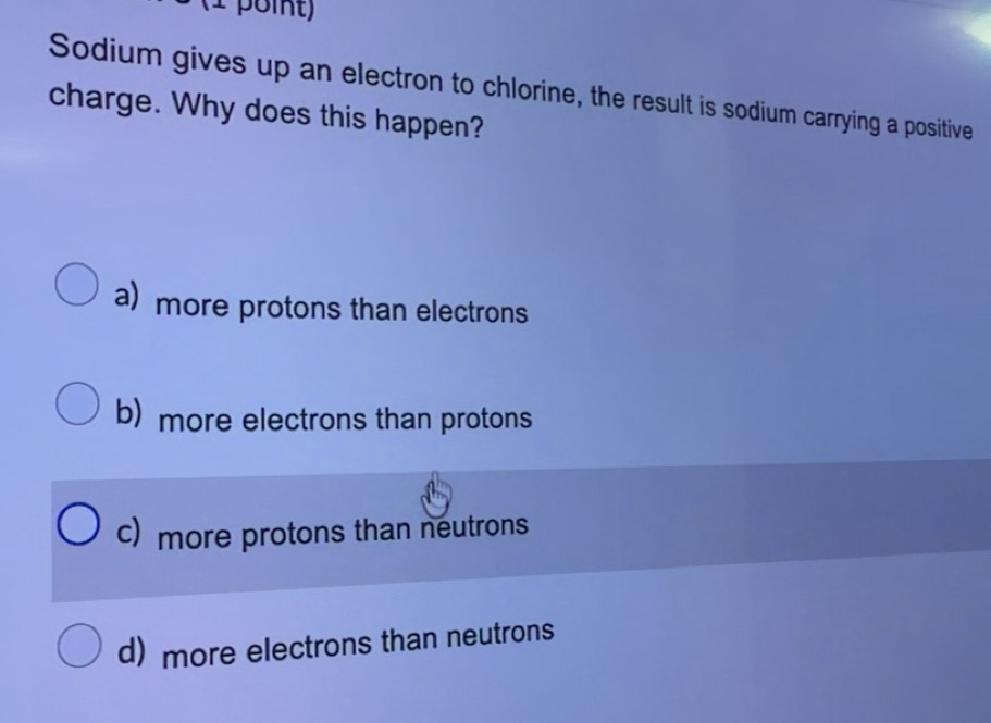 Solved: Sodium gives up an electron to chlorine, the result is sodium ...