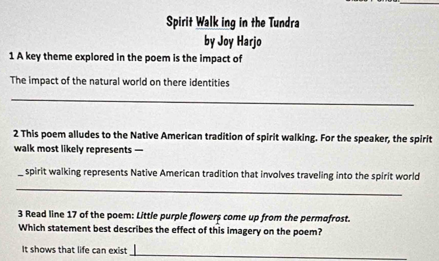 Solved: Spirit Walk ing in the Tundra by Joy Harjo 1 A key theme ...