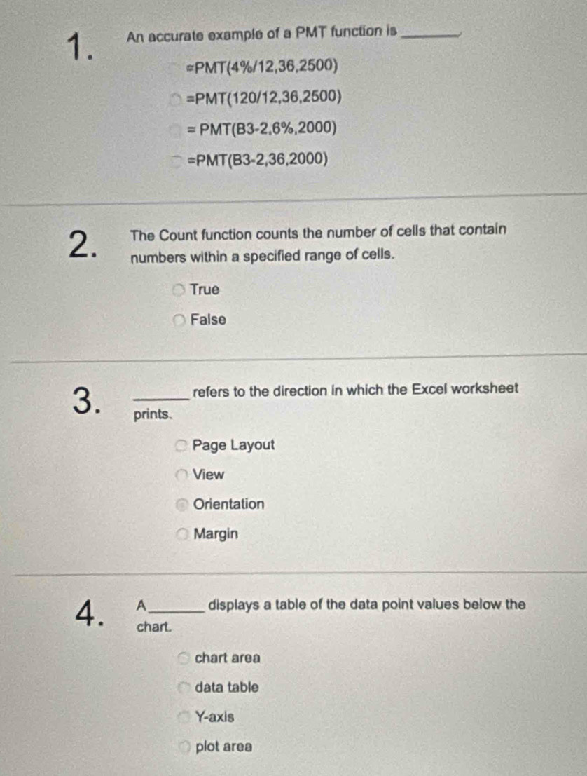 Solved: An accurate example of a PMT function is_ =PMT(4% /12,36,2500 ...