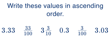 Solved: Write these values in ascending order. 3.33 33/100 3 3/10 0.3 3/100 3.03 [Math]