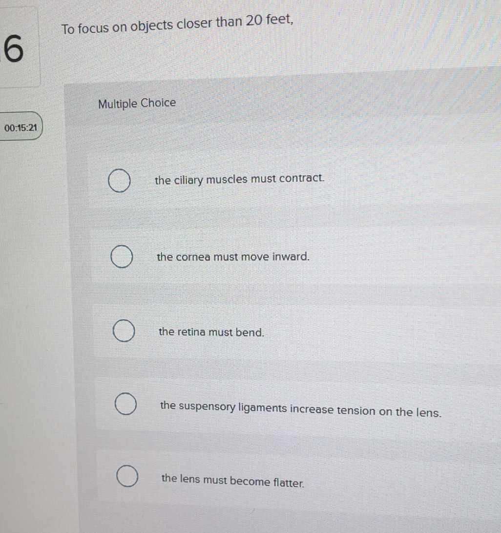 Solved: To focus on objects closer than 20 feet, 6 Multiple Choice 00: ...
