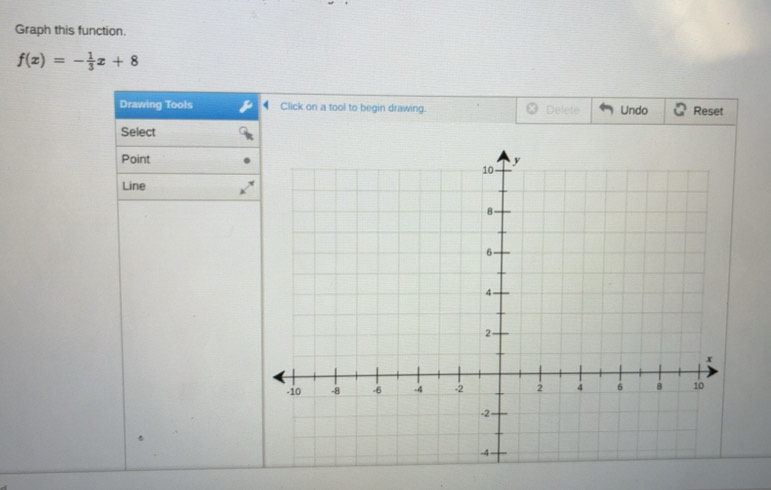 Solved: Graph this function. f(x)=- 1/3 x+8 Drawing Tools Click on a ...