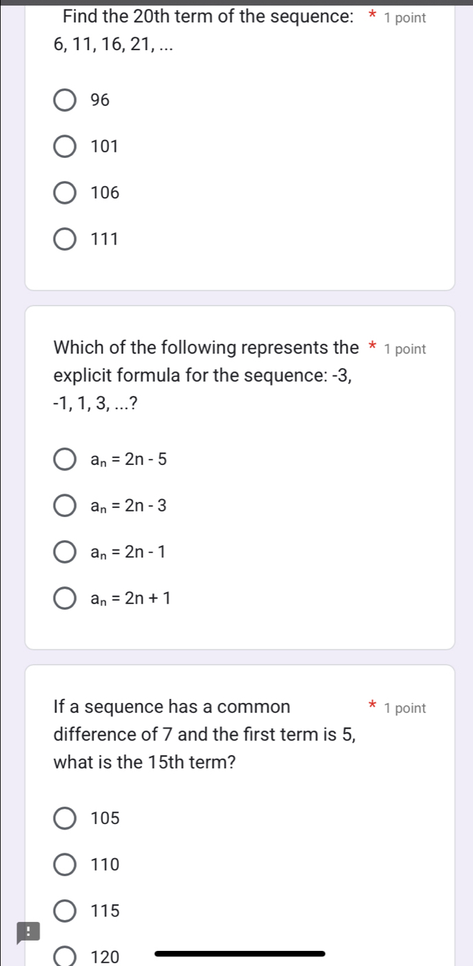 Solved: Find the 20th term of the sequence: * 1 point 6, 11, 16, 21 ...