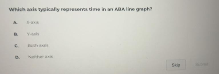 Solved: Which axis typically represents time in an ABA line graph? A. X ...