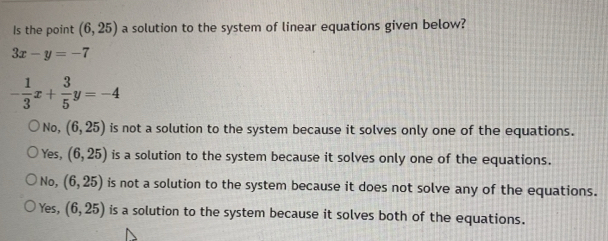 Solved: Is the point (6,25) a solution to the system of linear ...