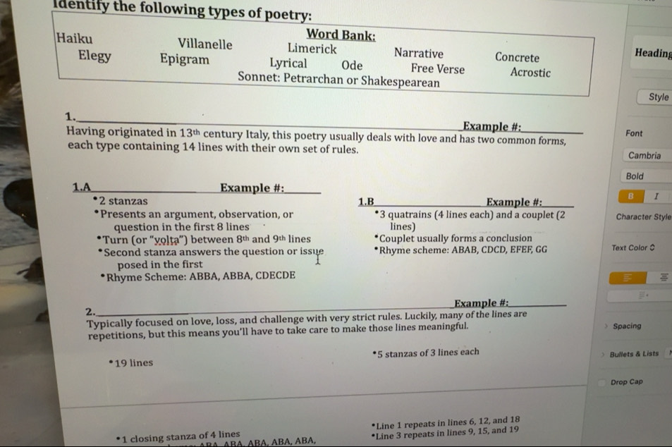 Solved: Identify the following types of poetry: Word Bank: Heading ...