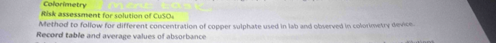 Solved: Colorimetry Risk assessment for solution of CuSO₄ Method to ...