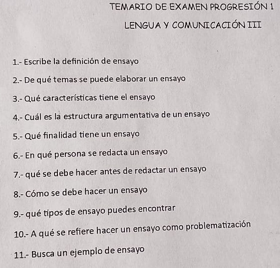 Resuelto:TEMARIO DE EXAMEN PROGRESIÓN 1 LENGUA Y COMUNICACIÓN III 1 ...