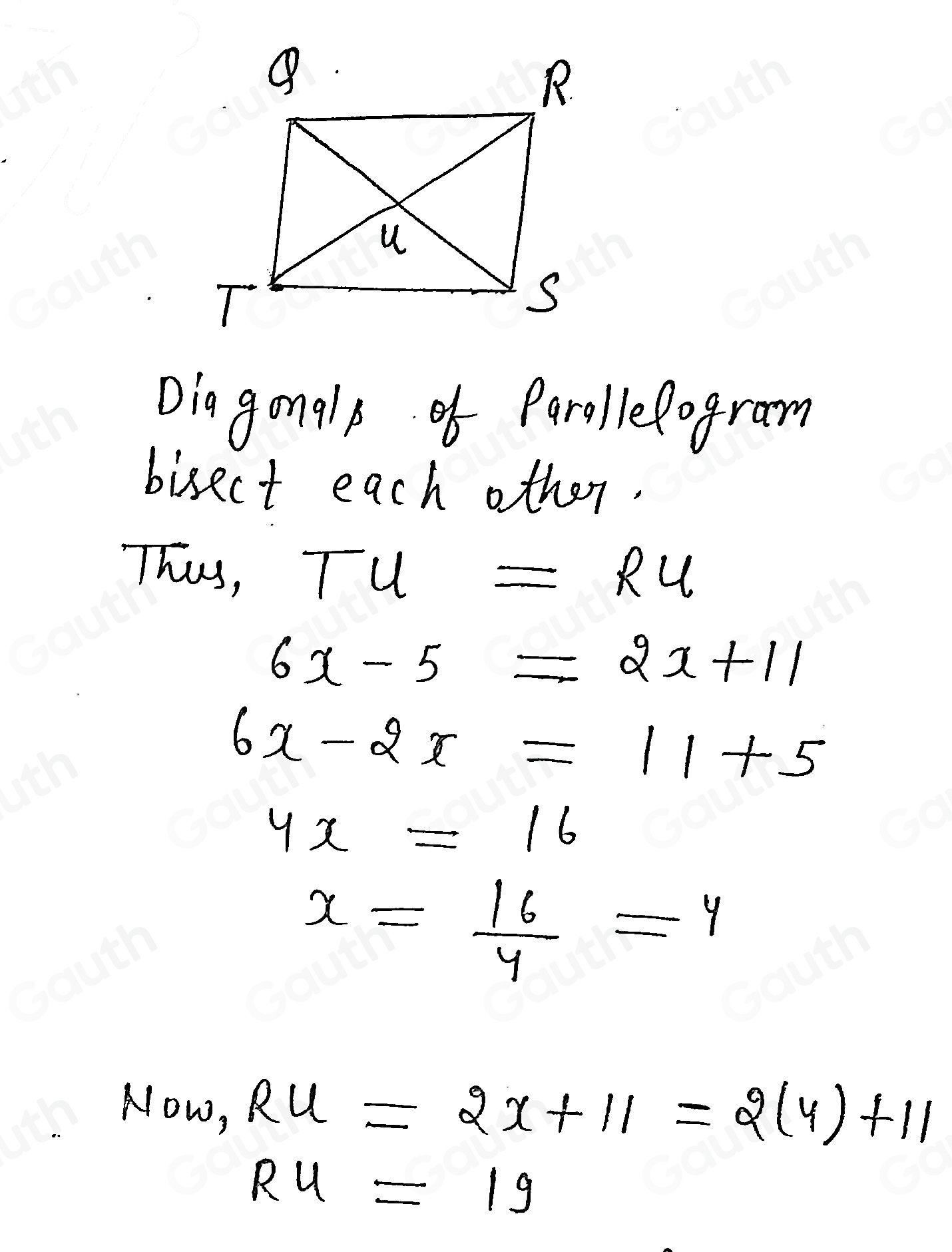 Solved: The diagonals of parallelogram QRST intersect at point U. If TU ...