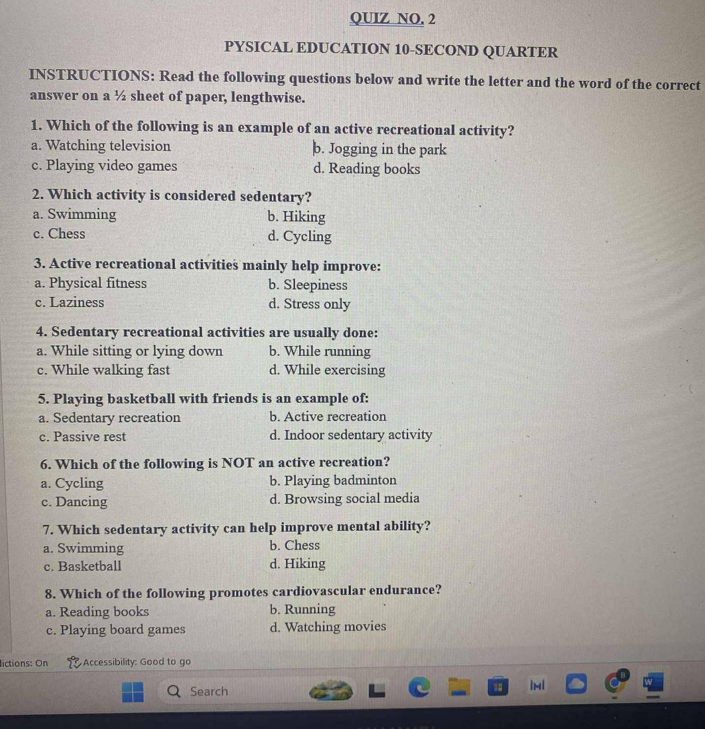 Solved: QUIZ NO. 2 PYSICAL EDUCATION 10-SECOND QUARTER INSTRUCTIONS ...