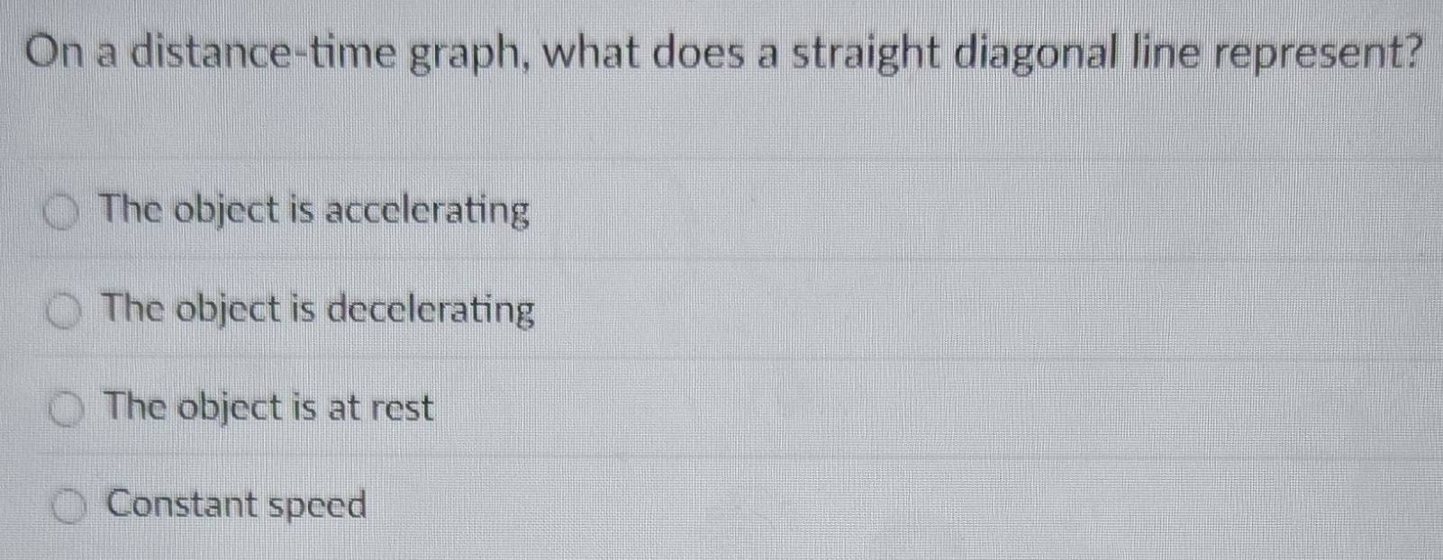 Solved: On a distance-time graph, what does a straight diagonal line ...