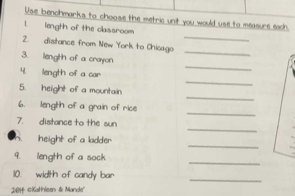 Solved: Use benchmarks to choose the metric unit you would use to ...
