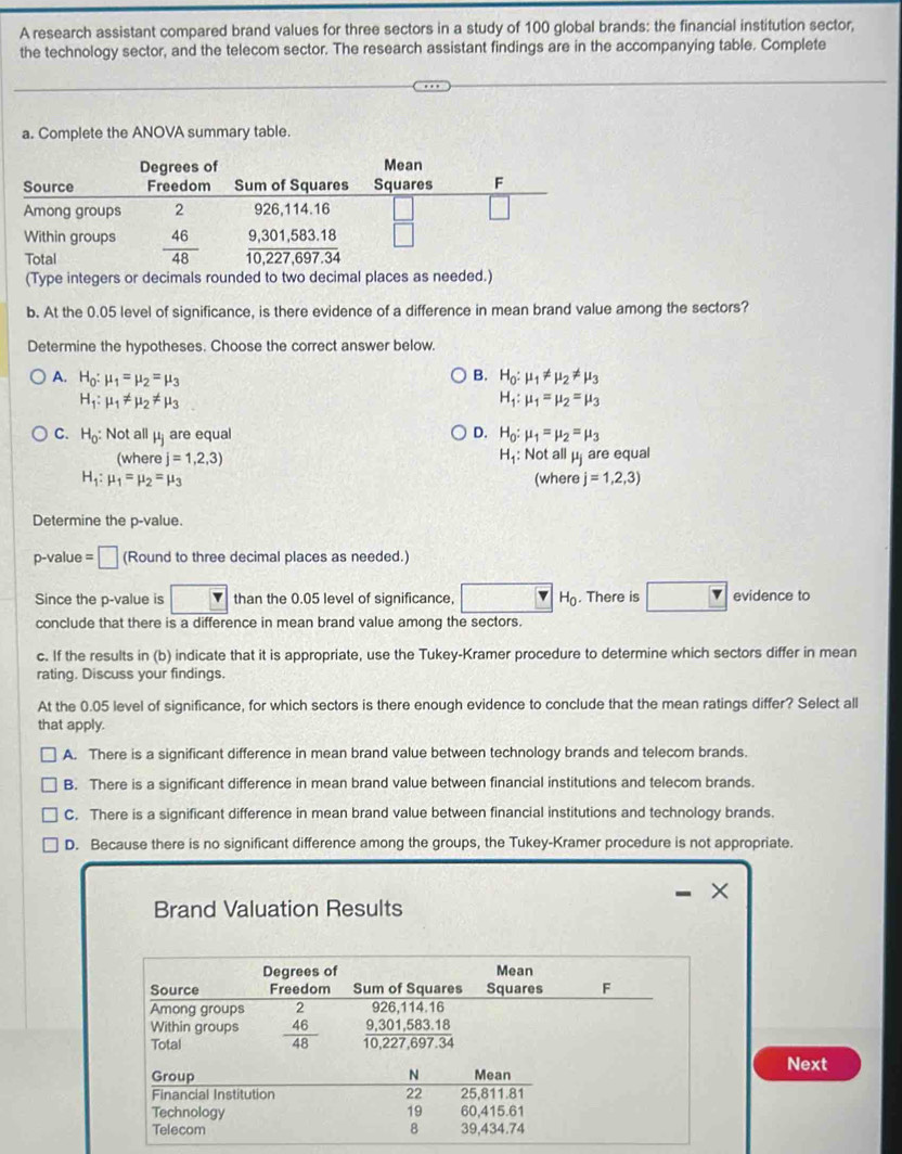 Solved: A research assistant compared brand values for three sectors in ...