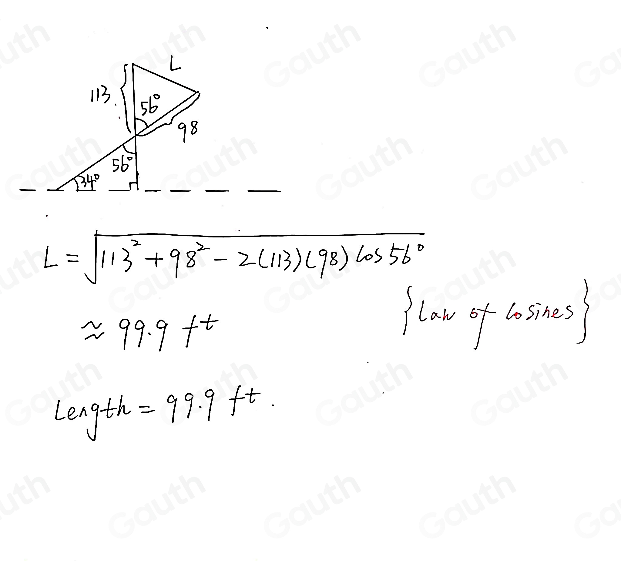 Solved: A 113-foot tower is located on a hill that is inclined 34° to ...