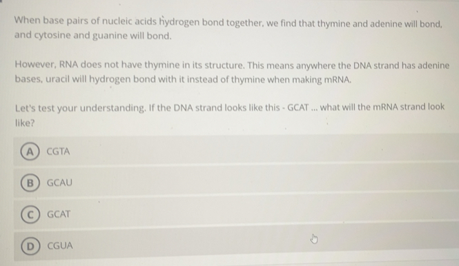 Solved: When base pairs of nucleic acids hydrogen bond together, we ...