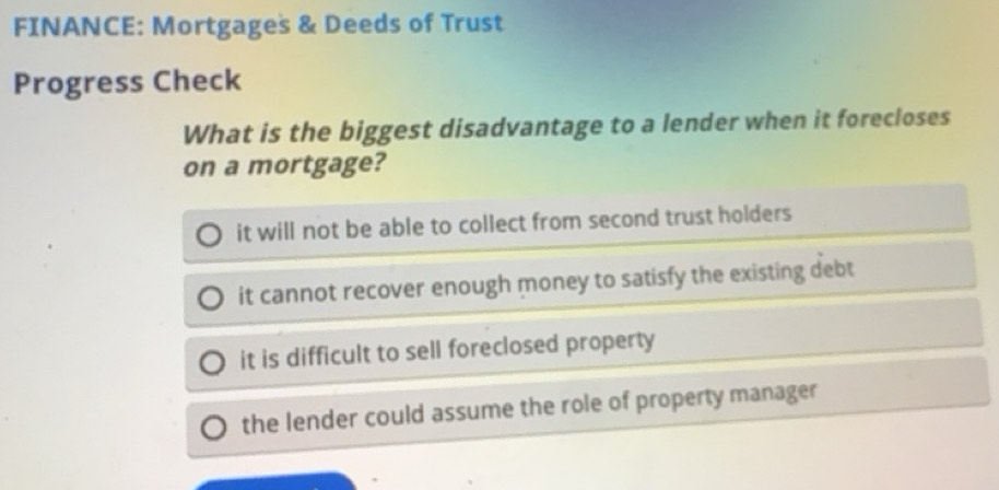 Solved: FINANCE: Mortgages & Deeds of Trust Progress Check What is the ...