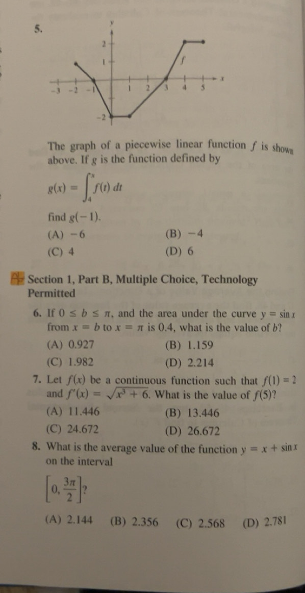 Solved: The graph of a piecewise linear function f is shown above. If g ...