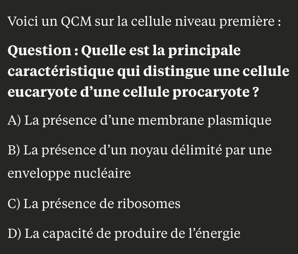 Résolu :Voici un QCM sur la cellule niveau première : Question : Quelle ...