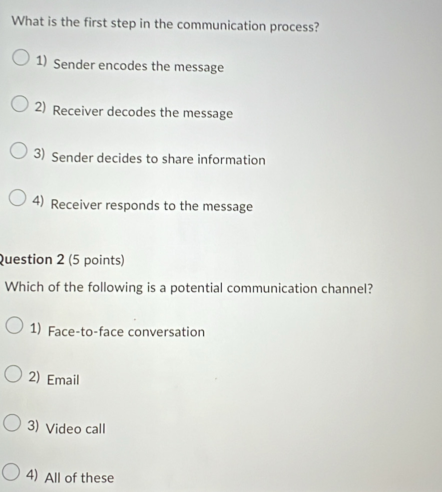 Solved: What is the first step in the communication process? 1) Sender ...