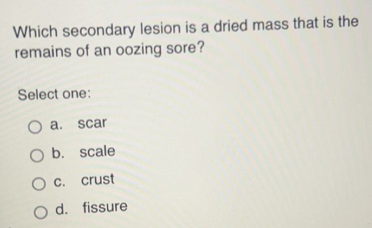 Solved: Which secondary lesion is a dried mass that is the remains of ...