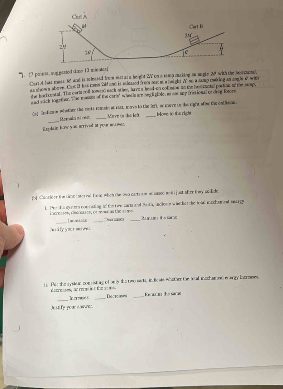 Solved: (7 points, suggested time 13 minutes) Cart A has mass M and is ...