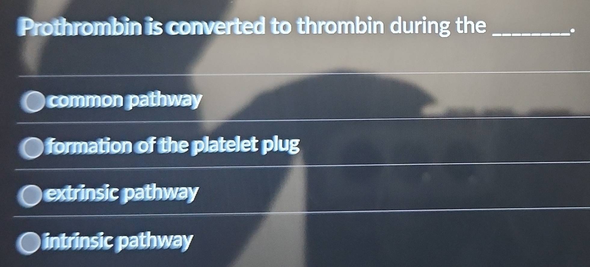 Solved: Prothrombin is converted to thrombin during the_ . O common ...
