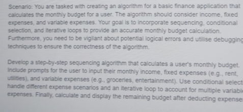 Solved: Scenario: You are tasked with creating an algorithm for a basic finance application that ...