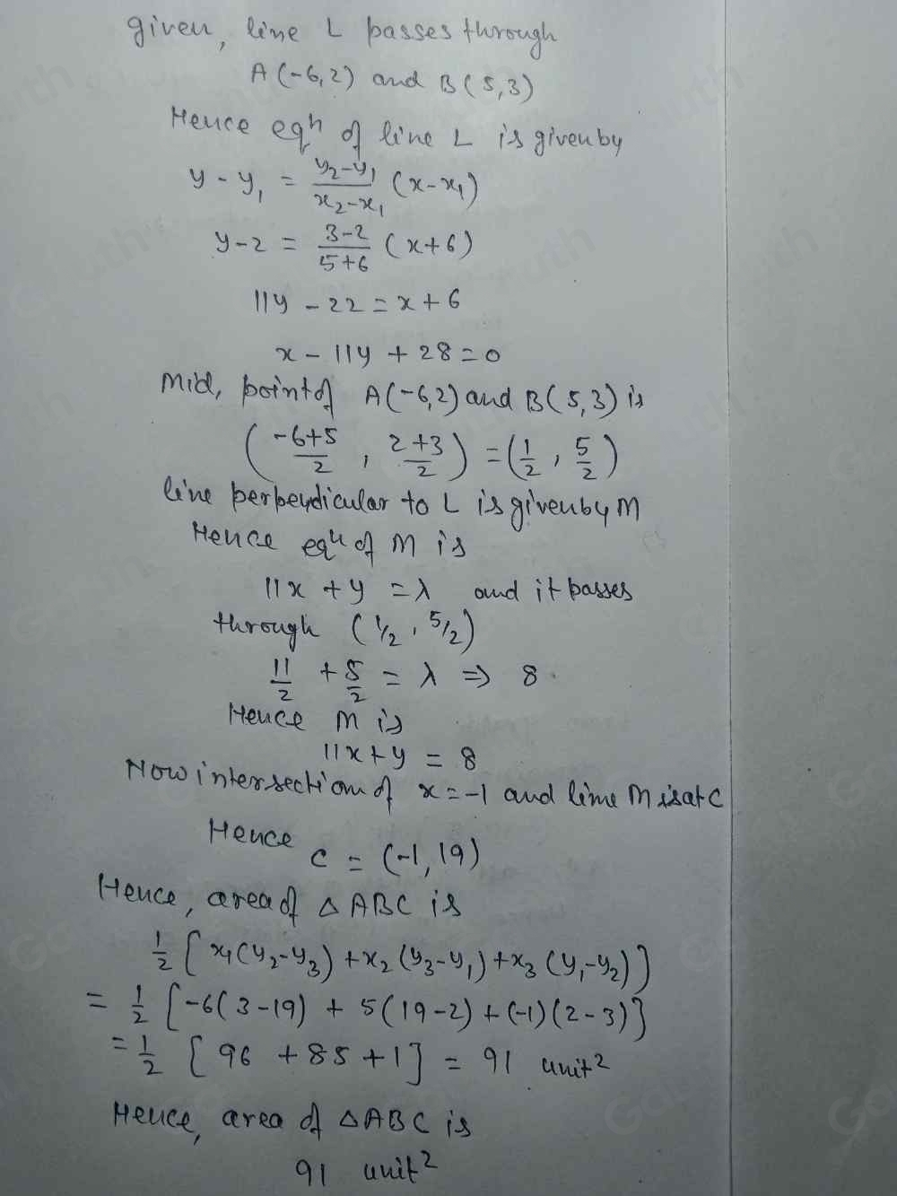 Solved: The straight line L passes through point A(-6,2) and point B(5 ...
