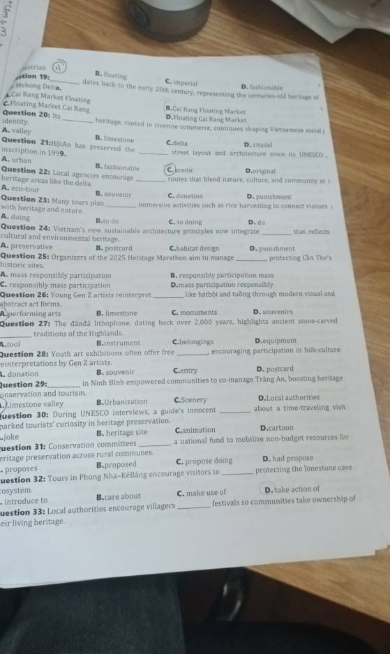 Giải quyết:strian a _ tion 19: B. floating C. imperial D. fashionable ...