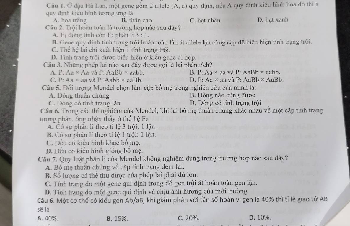 Giải quyết:Ở đậu Hà Lan, một gene gồm 2 allele (A,a) quy định, nếu A ...
